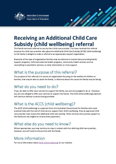 Receiving an Additional Child Care Subsidy (child wellbeing) referral ...