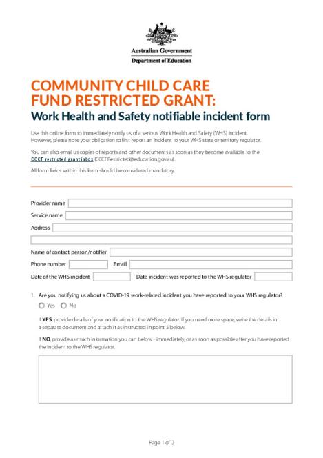 Community Child Care Fund restricted grant: Work Health and Safety ...