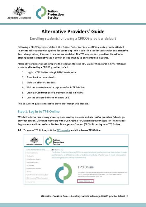 Alternative Providers' Guide – Enrolling Students following a CRICOS ...