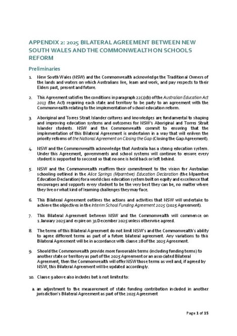New South Wales Bilateral Agreement (Interim School Funding Agreement ...