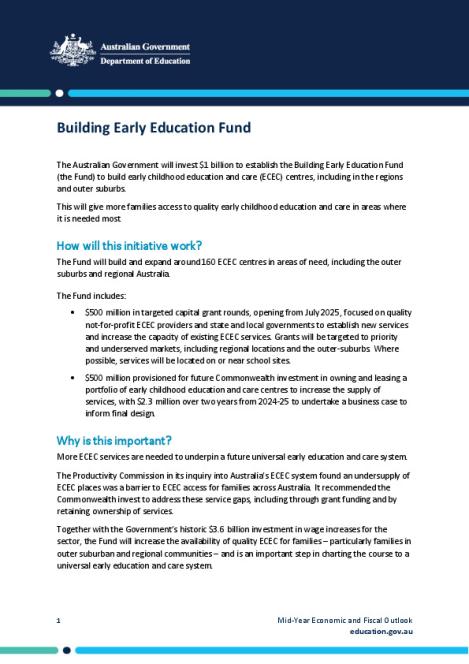 Fact Sheet - Building Early Education Fund - Department of Education ...