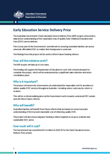 Fact Sheet - Early Education Service Delivery Price - Department of ...
